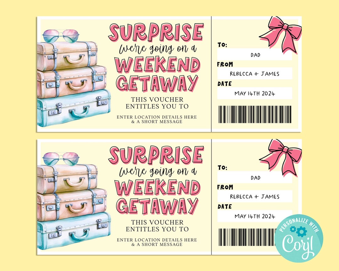 Surprise GETAWAY Gift Ticket, Birthday Gift Card, Gift Certificate ...