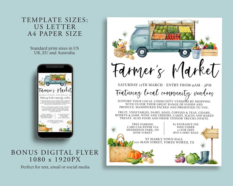 FARMERS MARKET Editable Flyer, DIY Market Fundraiser, Fruit Vegetables ...