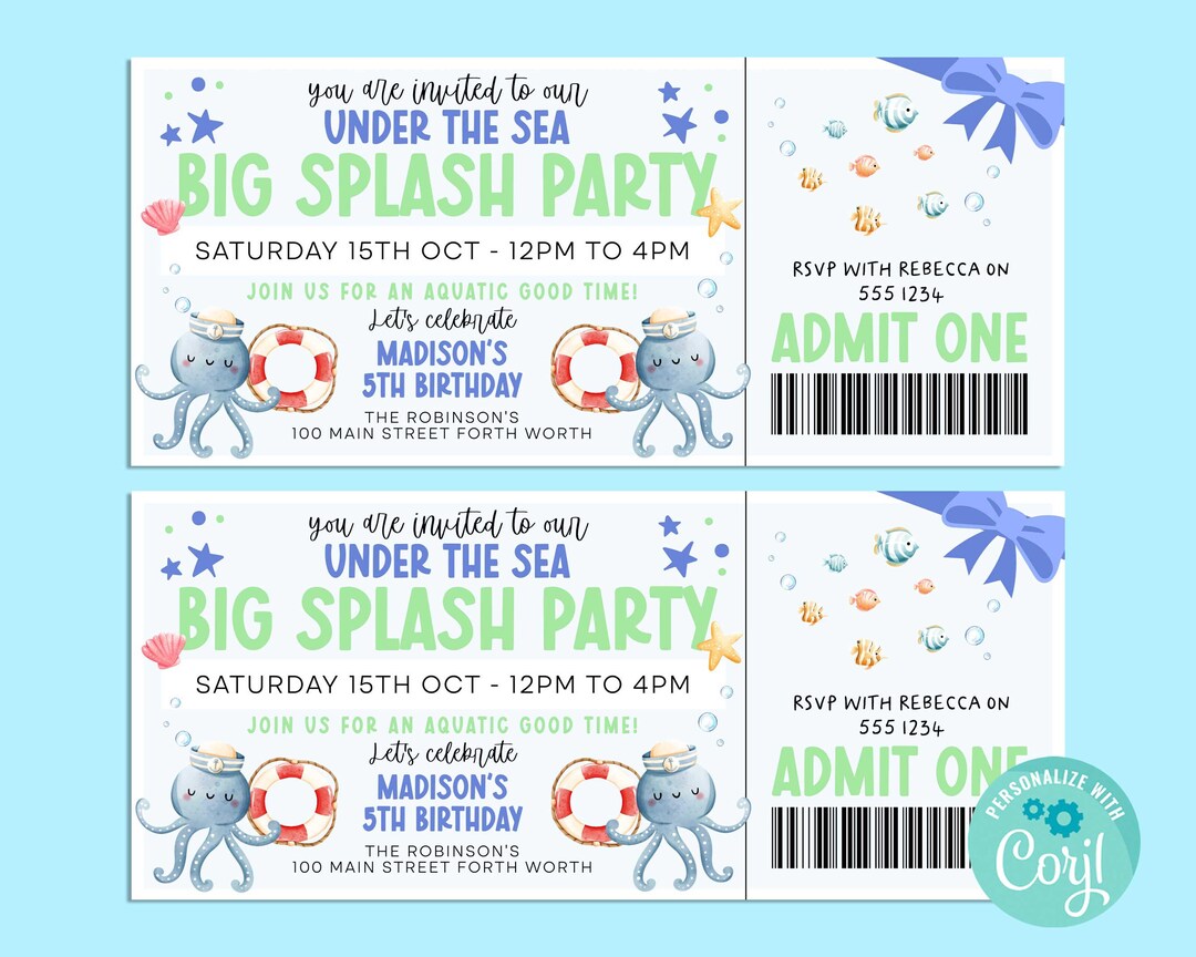 UNDER the SEA Party Flyer Editable Template, DIY Kids Party Invites ...
