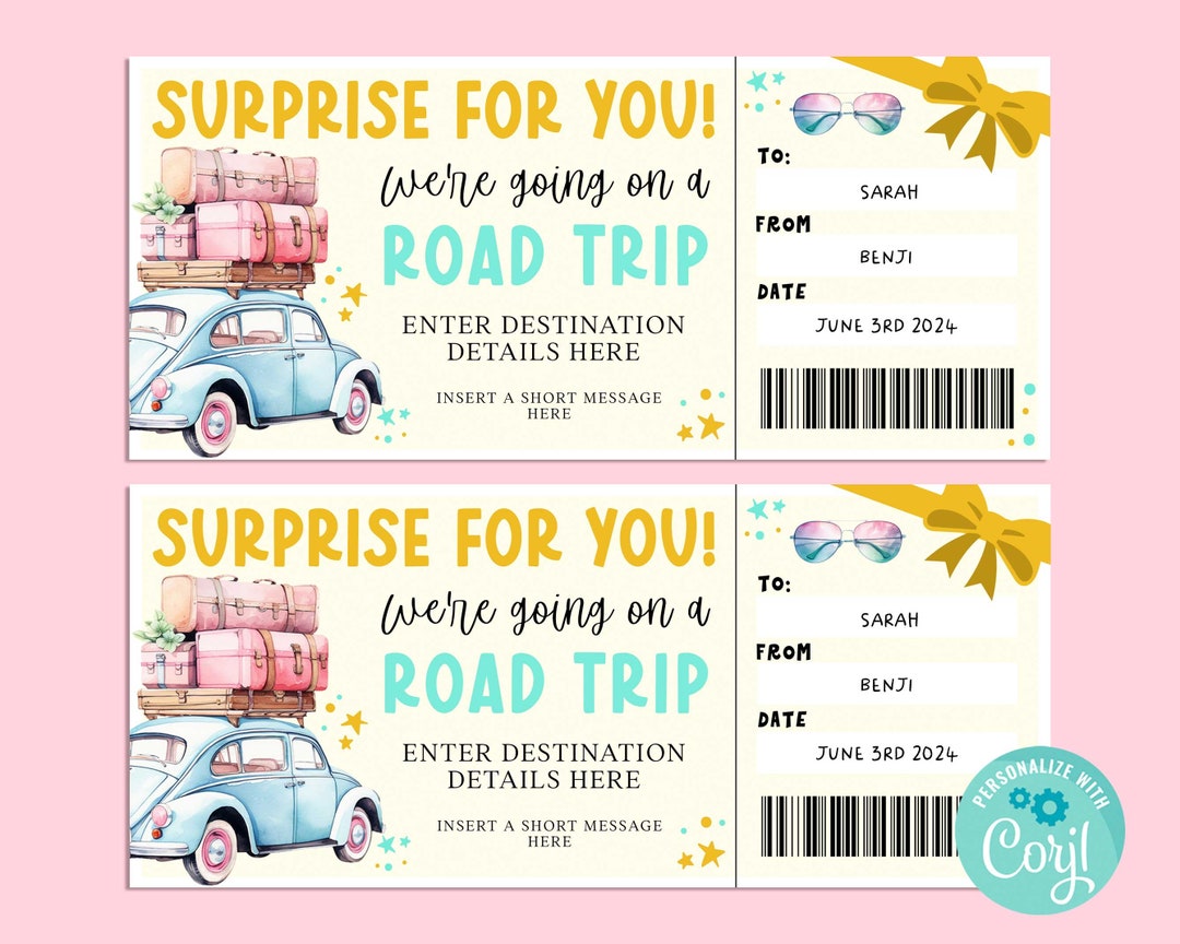 Surprise ROAD TRIP Gift Ticket, Happy Birthday Gift Card, Gift ...
