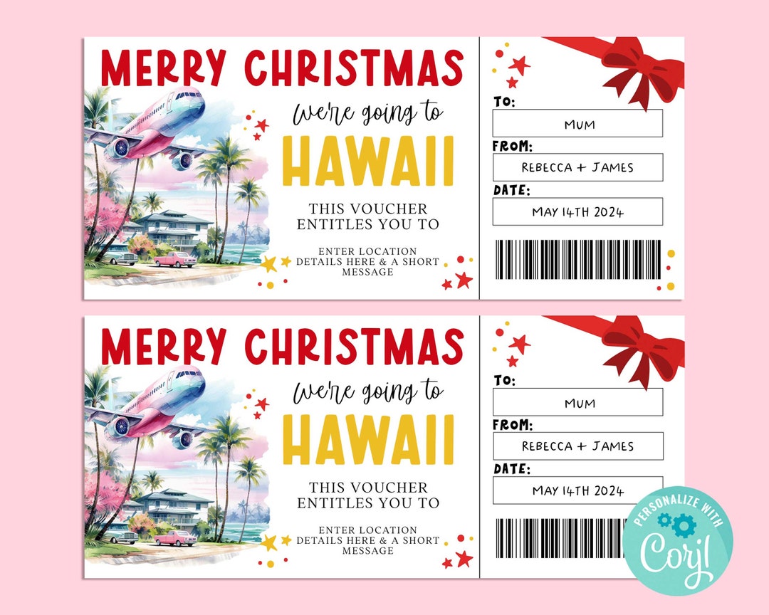 Merry Christmas HAWAII Trip Gift Ticket, Seasonal Gift Card, Gift ...