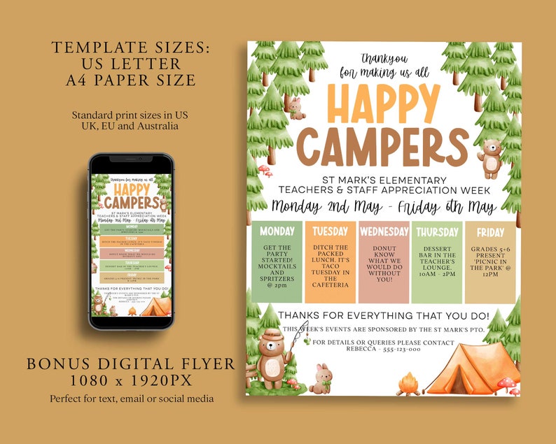 Camping TEACHER APPRECIATION Editable Flyer Template, Staff Invite ...