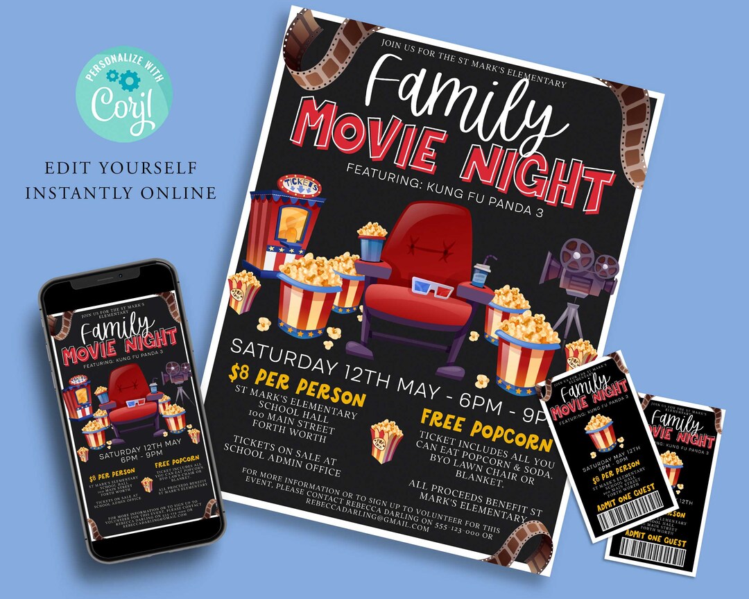 MOVIE NIGHT Fundraiser Editable Flyer Template, School Movie Night, PTO ...