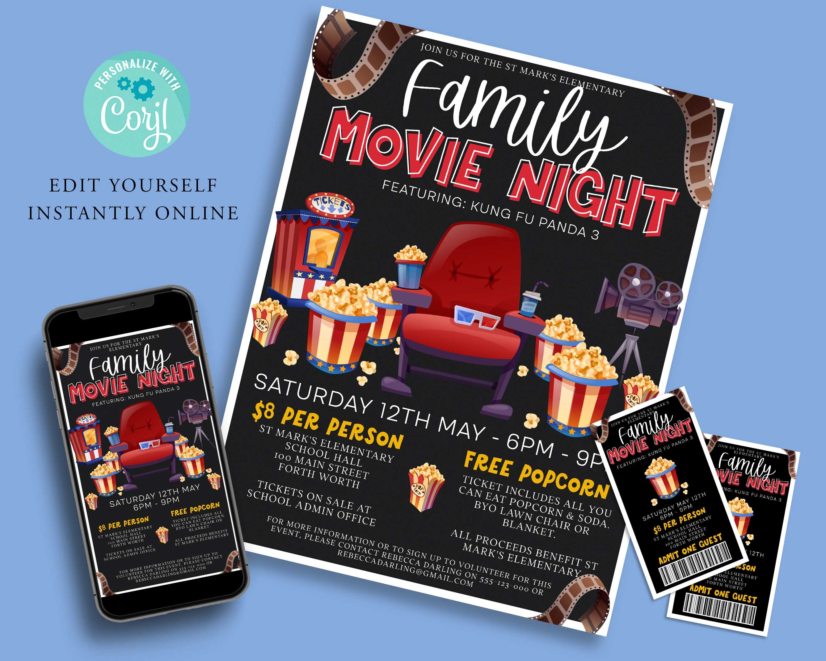 MOVIE NIGHT Fundraiser Editable Flyer Template, School Movie Night, PTO ...
