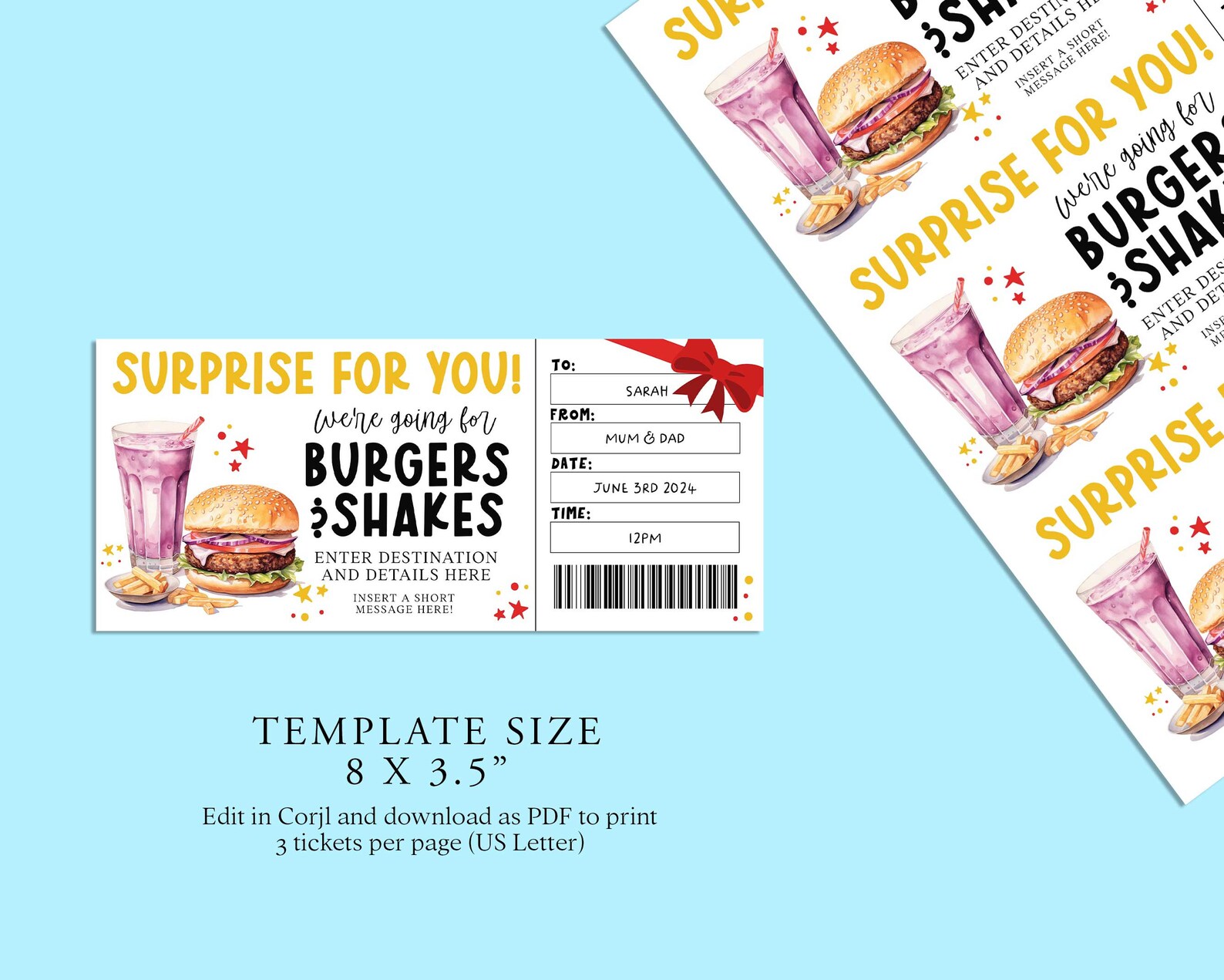 Surprise BURGERS & SHAKES Editable Gift Ticket Template, Birthday Gift ...