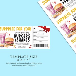 Surprise BURGERS & SHAKES Editable Gift Ticket Template, Birthday Gift ...