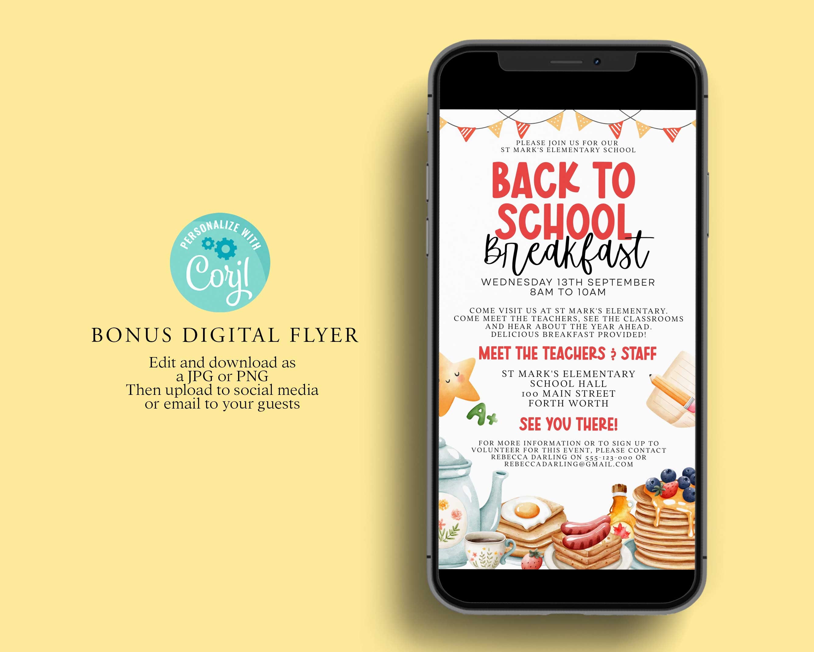 BACK to School Breakfast Flyer, Printable PTA Flyer, School Breakfast ...