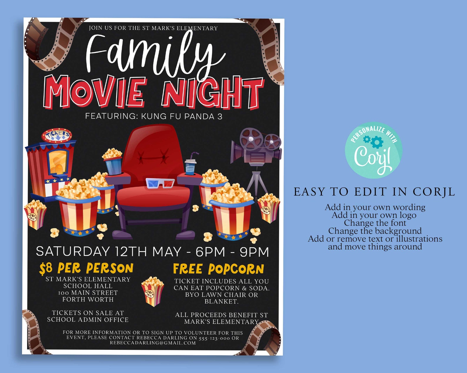 MOVIE NIGHT Fundraiser Editable Flyer Template, School Movie Night, PTO ...