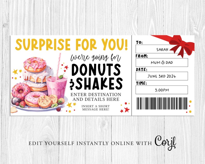 Surprise DONUTS & SHAKES Editable Gift Ticket Template, Happy Birthday ...