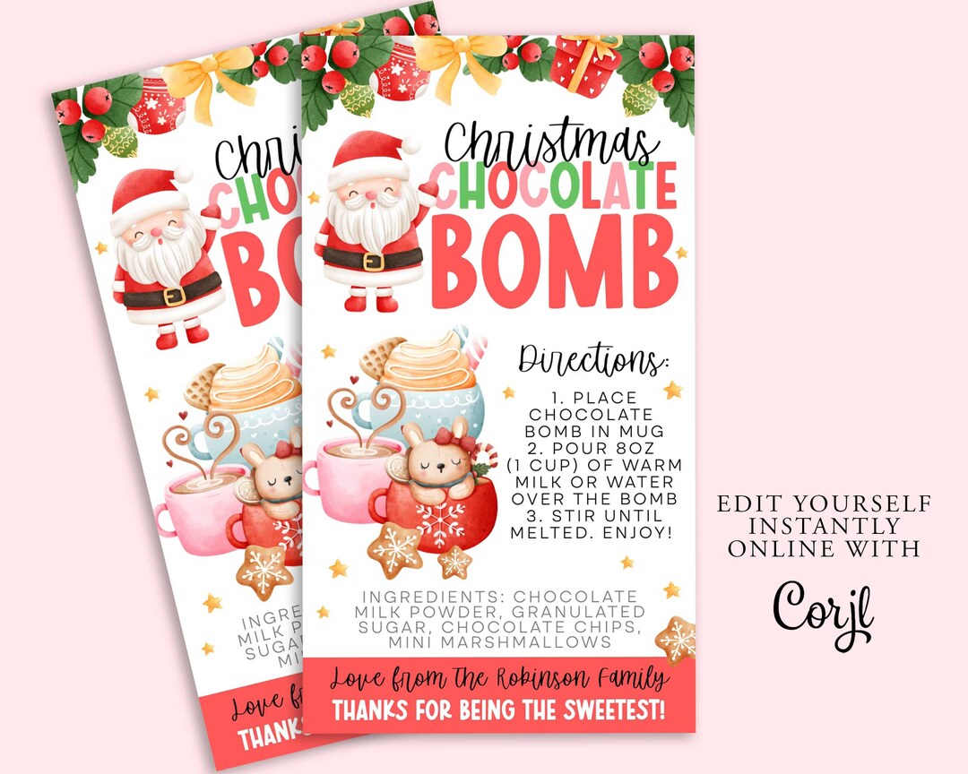 CHRISTMAS Chocolate BOMB Recipe Gift Tag Editable Template, Holiday Hot ...