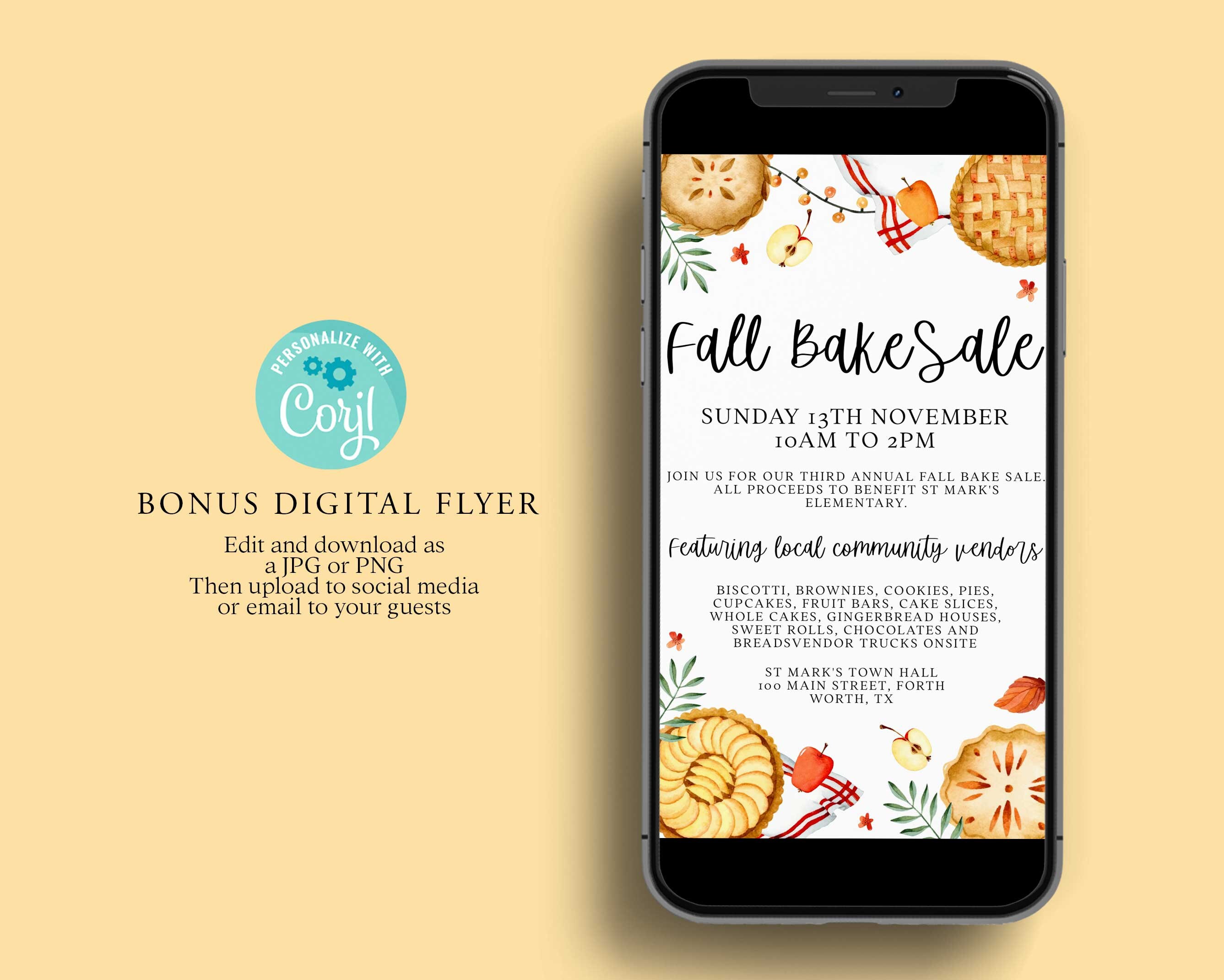 Editable FALL Bake Sale Flyer Template, DIY, Event Poster, Harvest ...