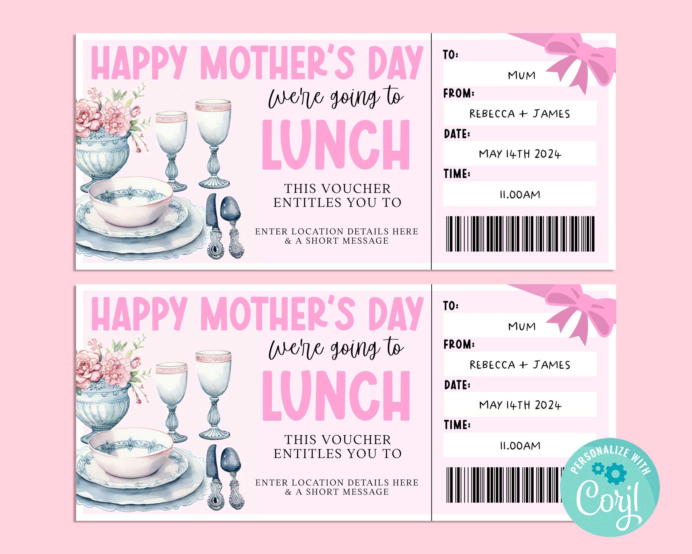 Mothers Day LUNCH Gift Ticket, Happy Birthday Gift Card, Gift ...