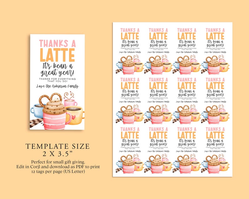 LATTE Appreciation Gift Tag, Teacher, Friends, Mothers Day, Valentine ...
