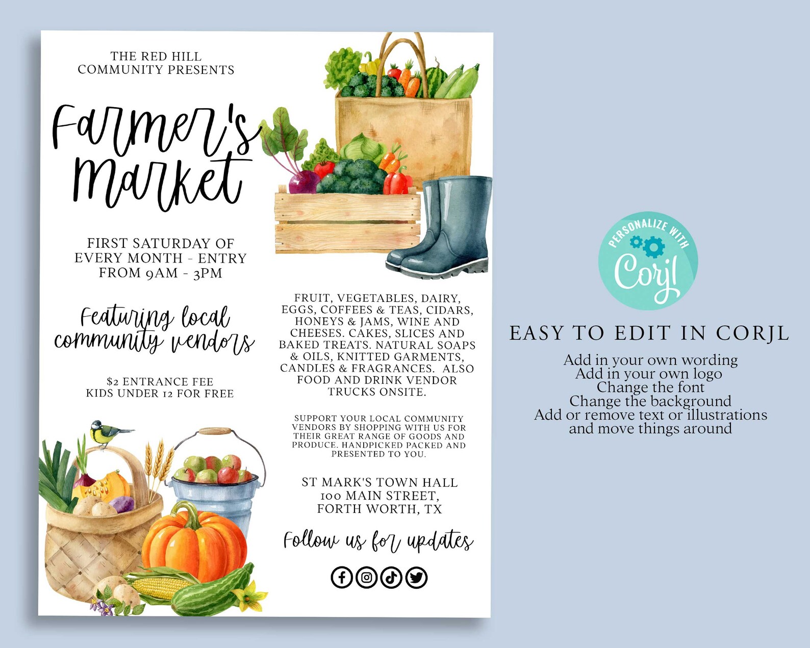 FARMERS MARKET Editable Flyer, DIY Market Fundraiser, Fruit Vegetables ...