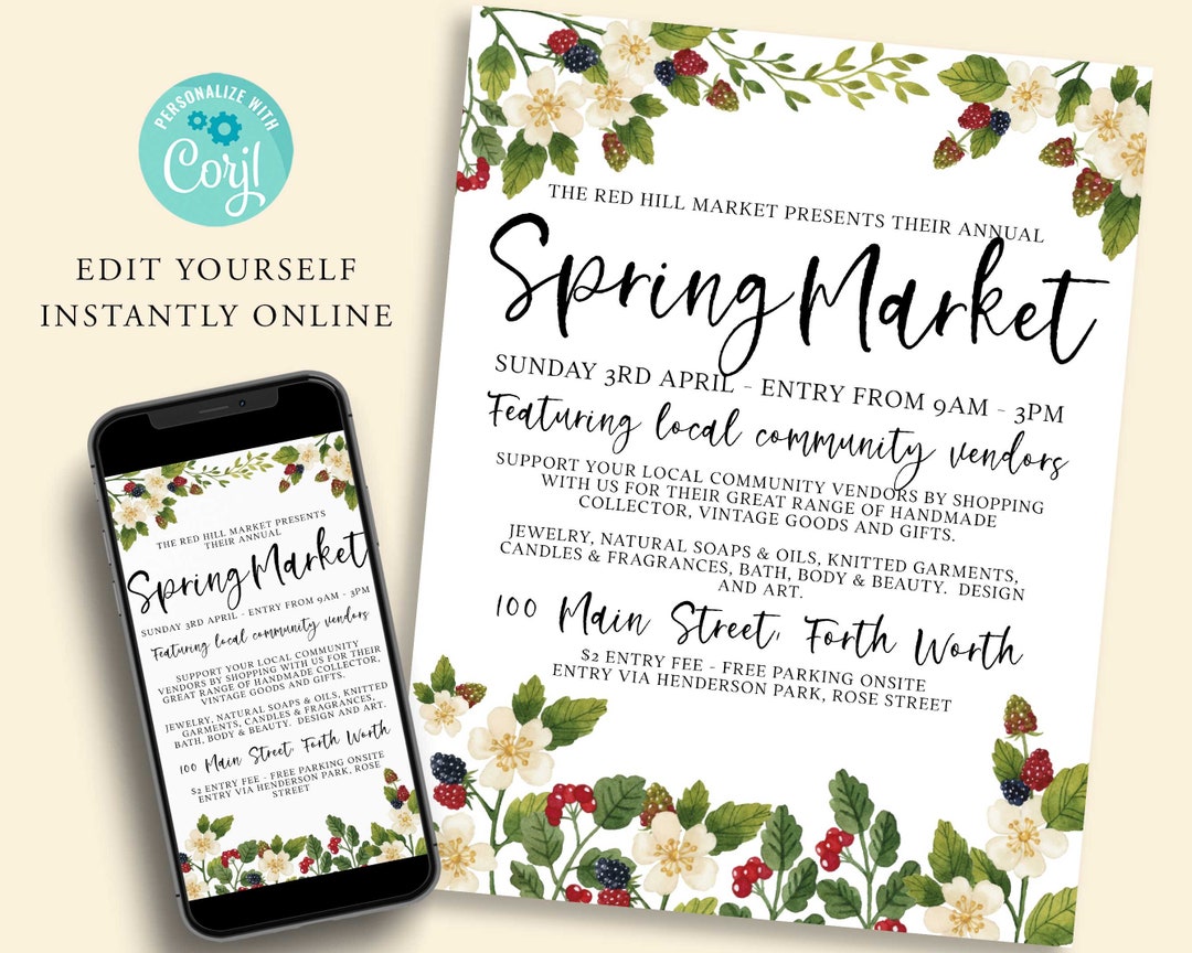 Editable SPRING MARKET Flyer Template, DIY Market Sale, Community Fair ...
