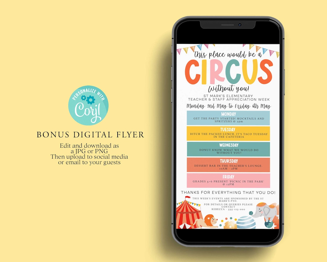 Circus TEACHER APPRECIATION Editable Flyer Template, Staff Invite ...