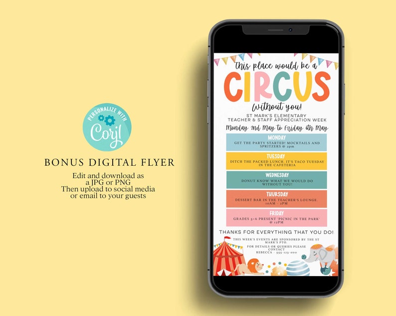 Circus TEACHER APPRECIATION Editable Flyer Template, Staff Invite ...