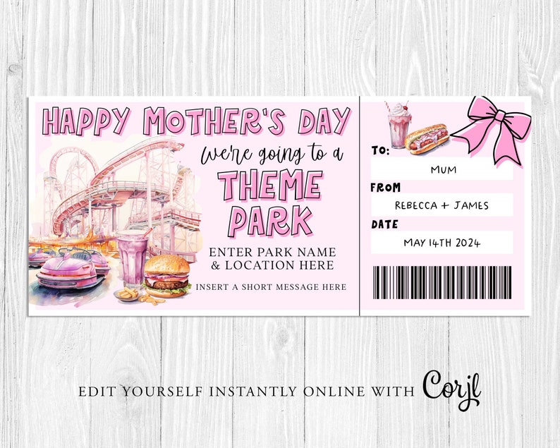 Mothers Day THEME PARK Editable Gift Ticket Template, Birthday Gift ...
