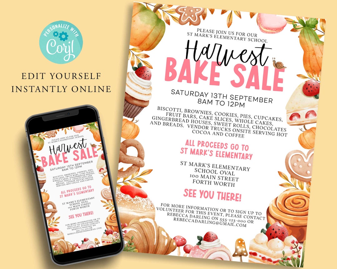 FALL Bake Sale Social Fundraiser Editable Template, Printable Flyer PTA ...