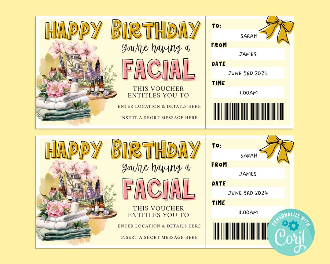 Birthday FACIAL Editable Gift Ticket Template, Birthday Gift ...