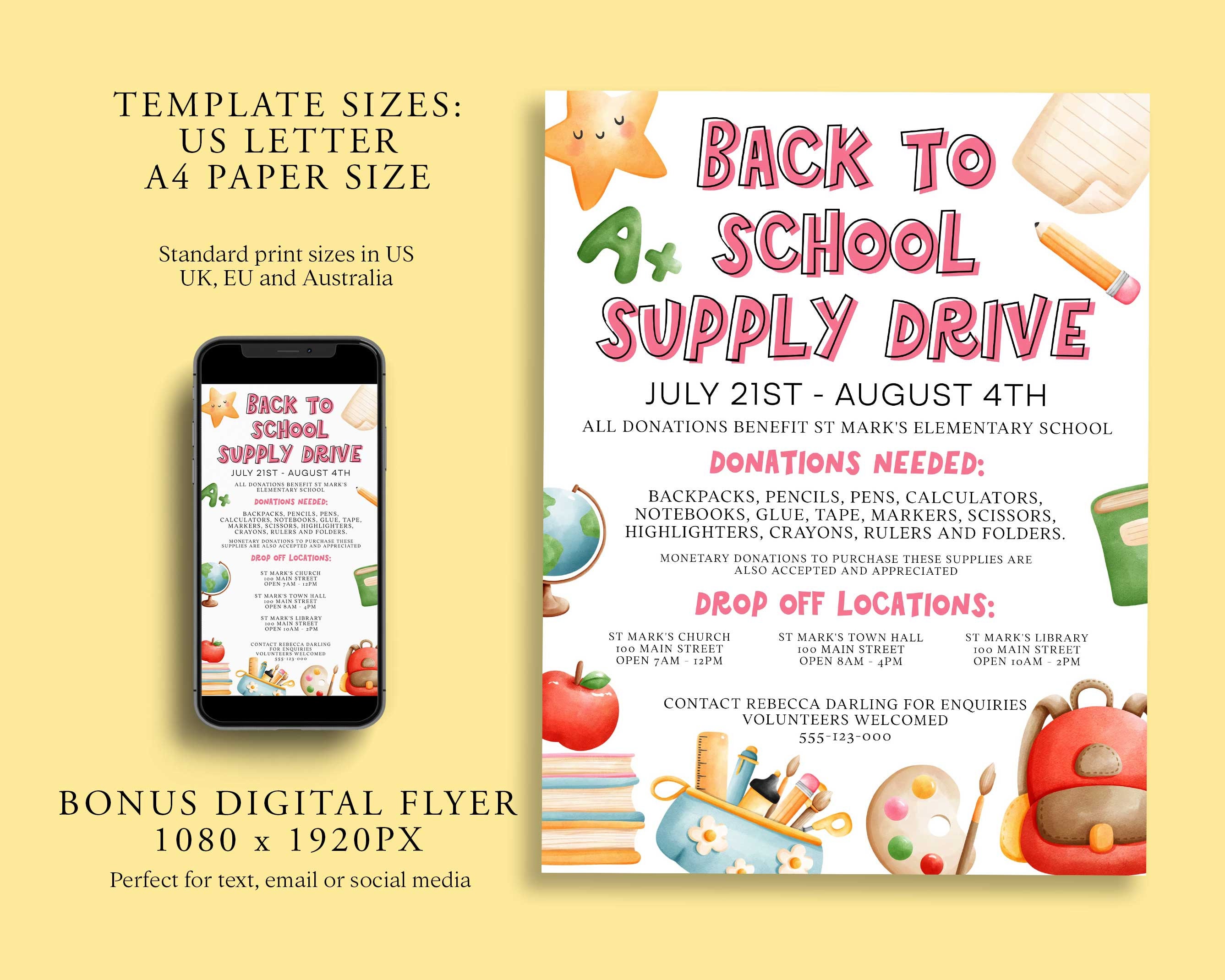 BACK to SCHOOL Supply Drive Flyer, Editable Flyer, Pta, Fundraiser ...