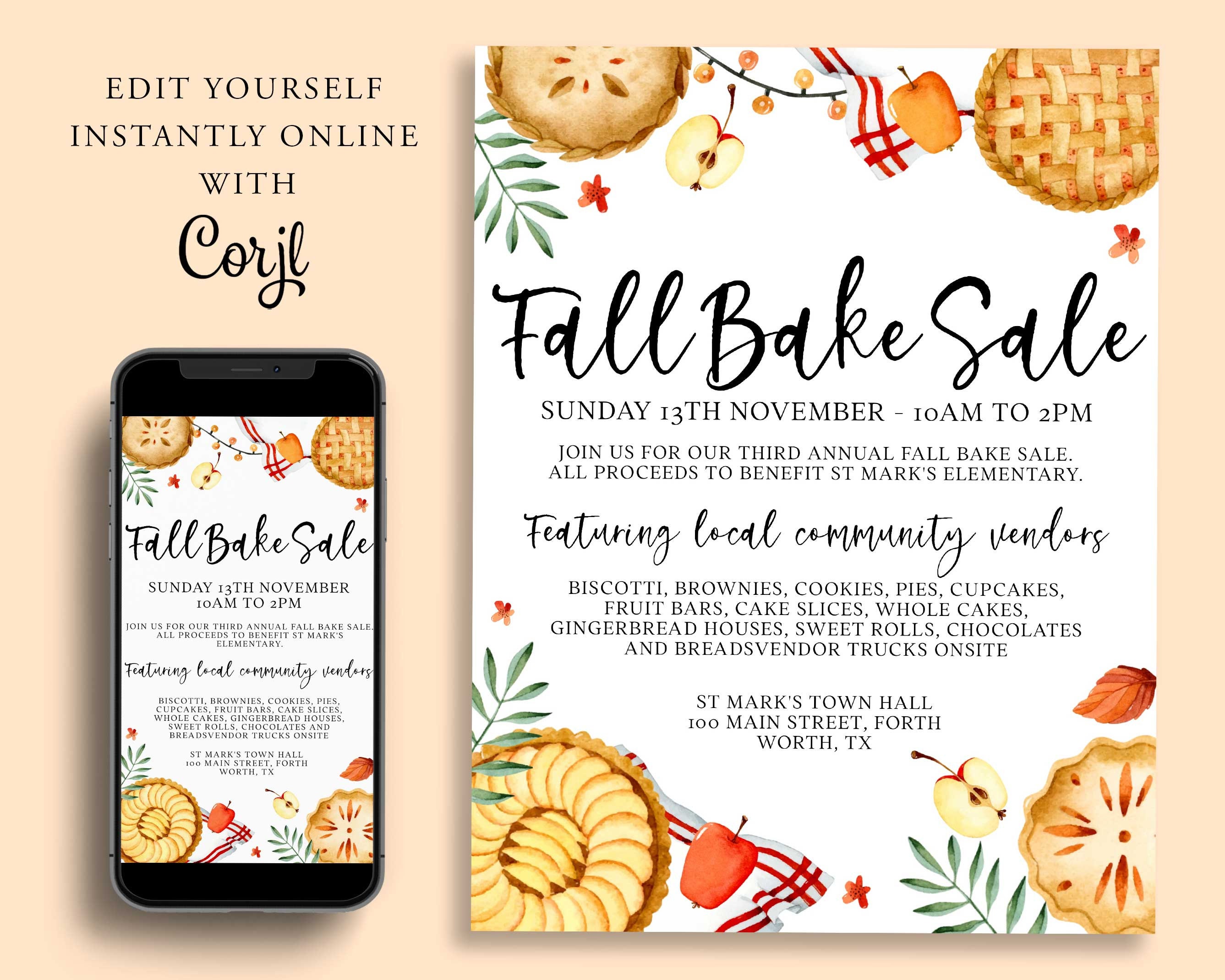 Editable FALL Bake Sale Flyer Template DIY Event Poster - Etsy