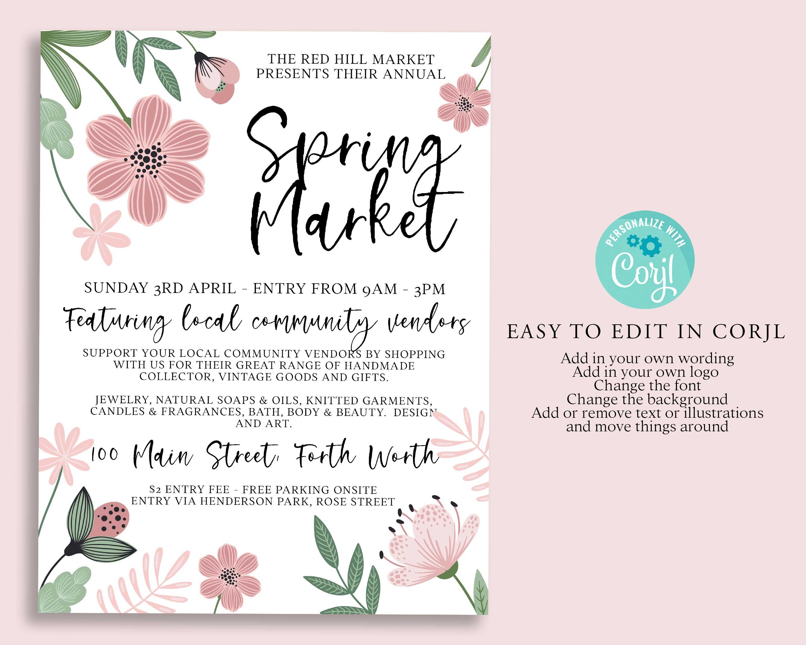 Editable SPRING MARKET Flyer Template, DIY Market Sale, Community Fair ...