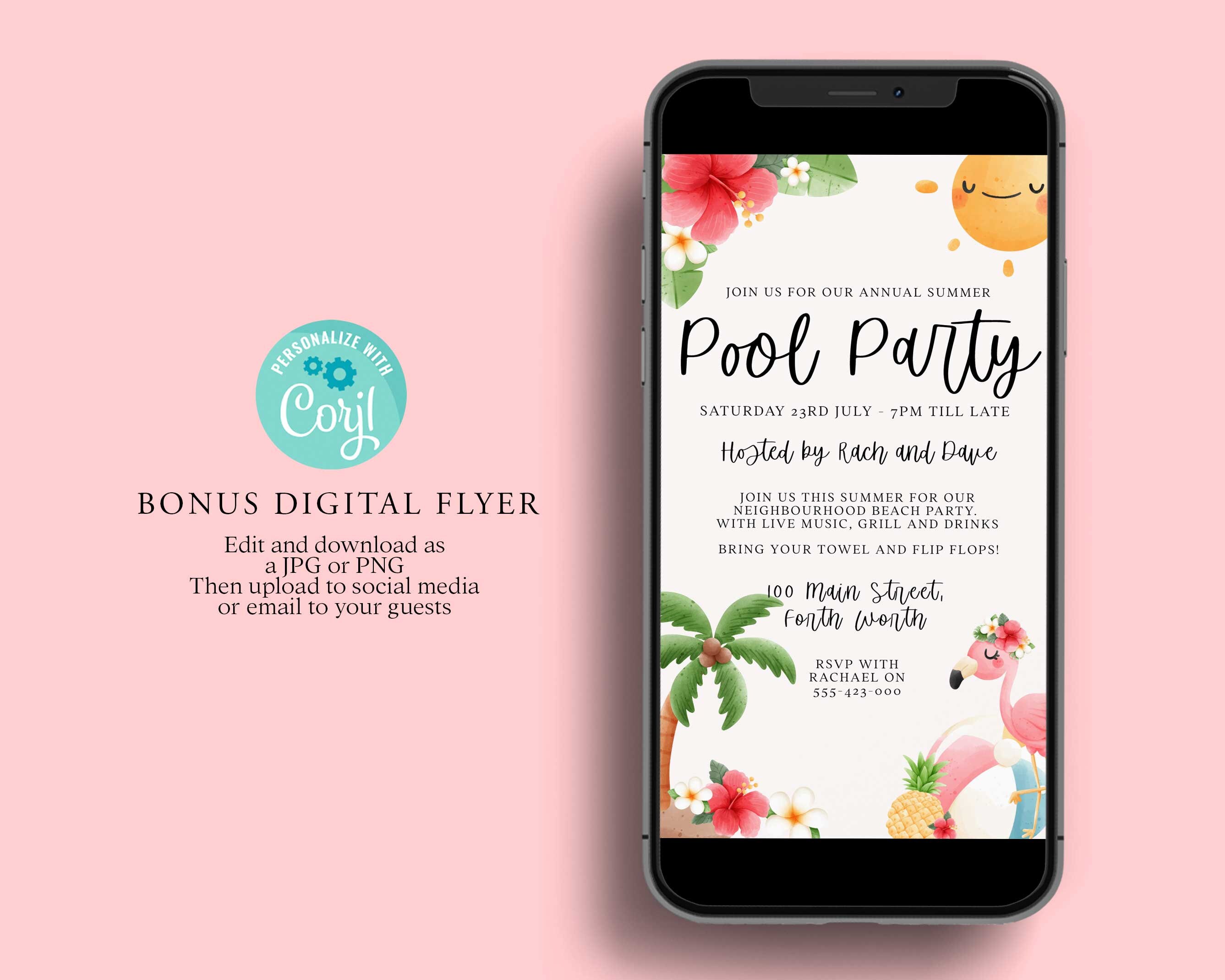 Editable SUMMER Pool Party Flyer Template, Diy Barbeque, Luau, BEACH ...