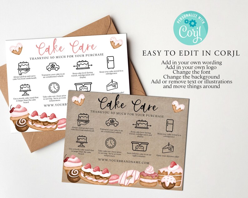 CAKE Care Card EDITABLE Template, Wedding Cake Cards, Printable Cake ...