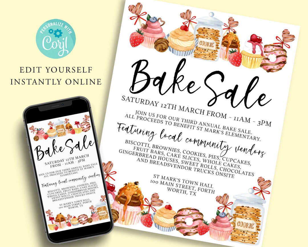 Editable BAKE SALE Flyer Template, DIY Market Sale, Community Fair ...