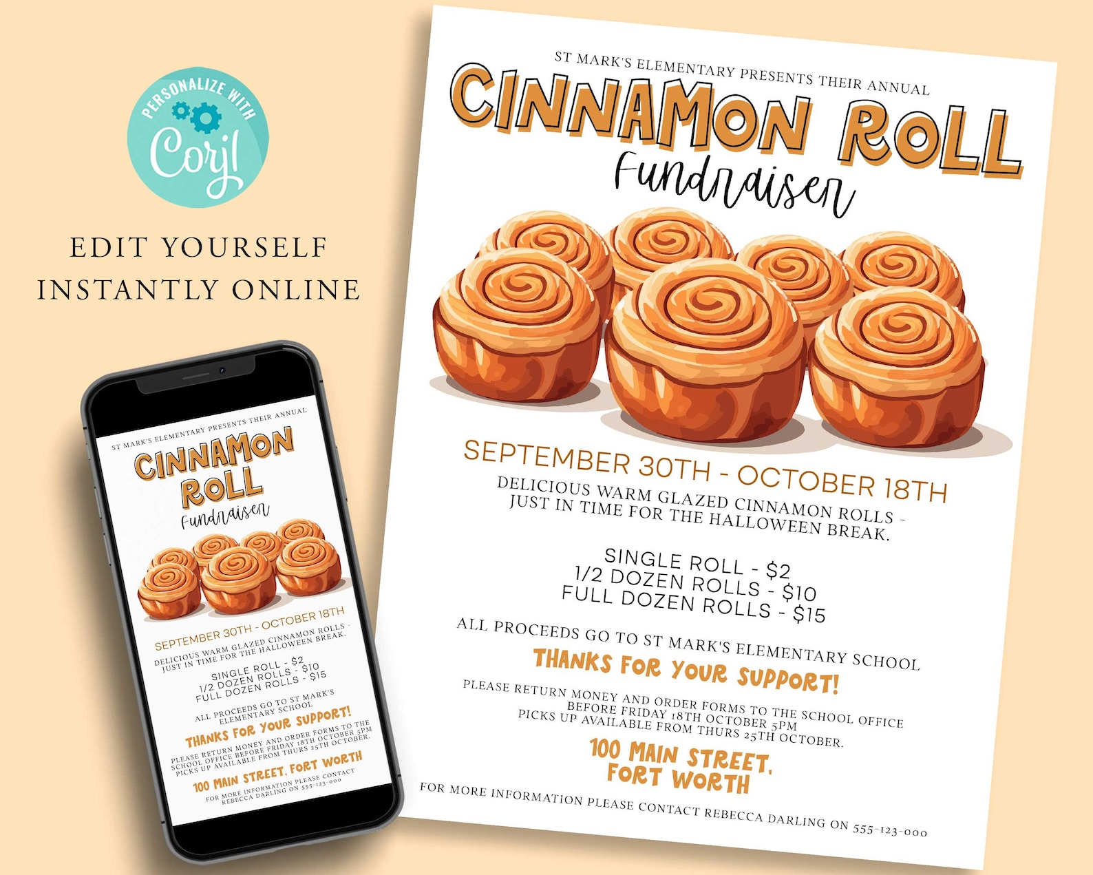 CINNAMON Roll Fundraiser Editable Flyer Template, School Church Charity ...