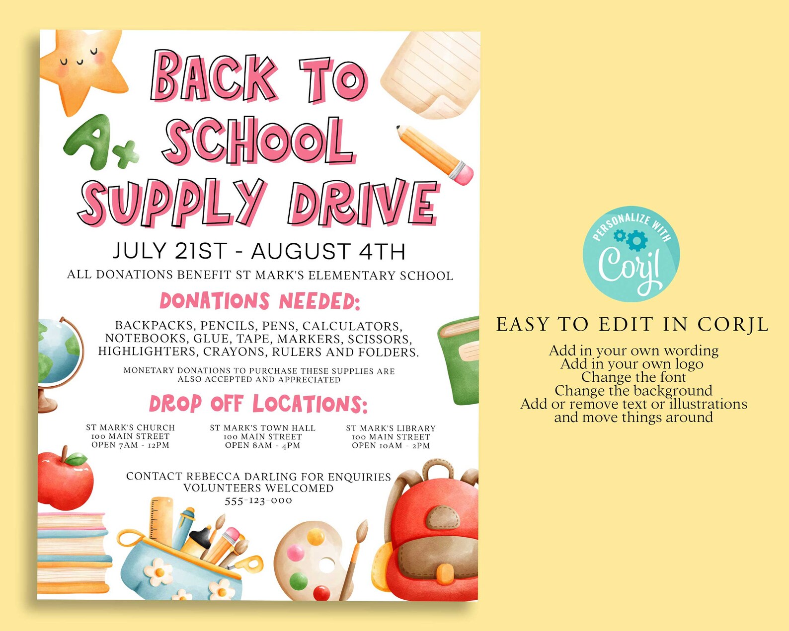 BACK to SCHOOL Supply Drive Flyer, Editable Flyer, Pta, Fundraiser ...