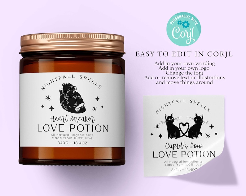 LOVE POTION Editable Candle Label, Mystic Candle Label Design ...