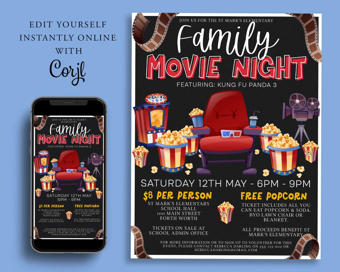 MOVIE NIGHT Fundraiser Editable Flyer Template, School Movie Night, PTO ...