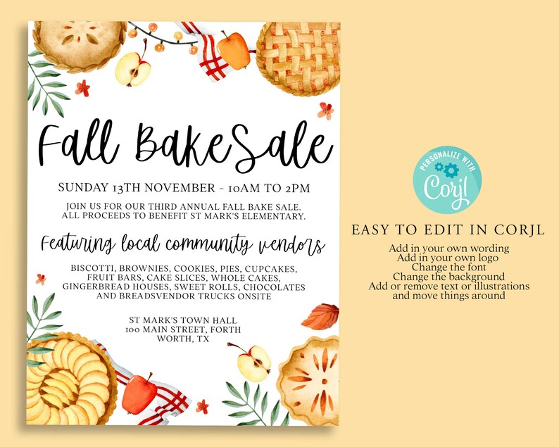 Editable FALL Bake Sale Flyer Template, DIY, Event Poster, Harvest ...
