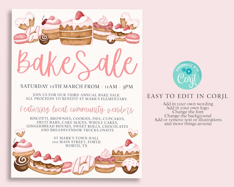 Editable BAKE SALE Flyer Template, DIY Market Sale, Community Fair ...