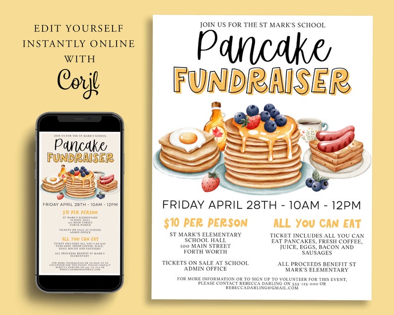 PANCAKE Fundraiser Editable Flyer Template, Teacher Appreciation, PTO ...