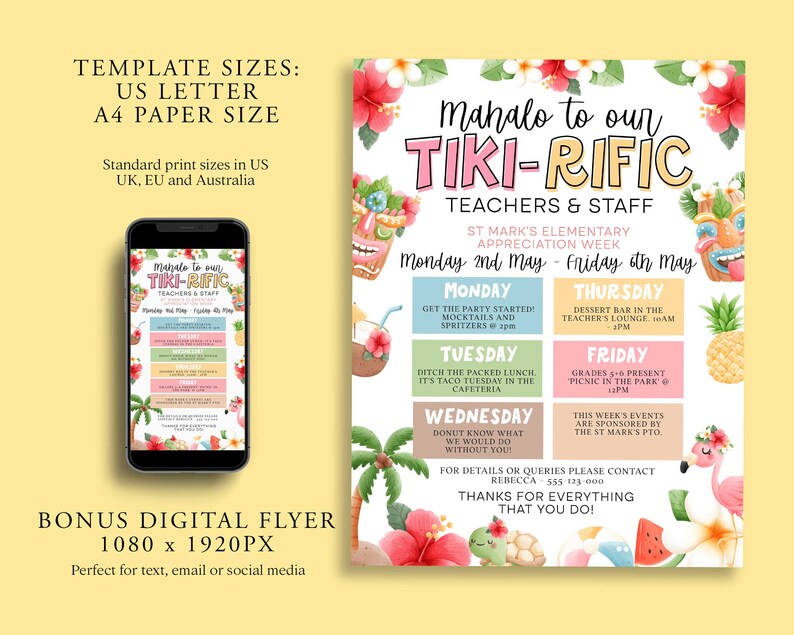 Tiki TEACHER APPRECIATION Editable Flyer Template, Staff Invite, Family ...