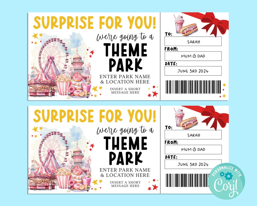 Surprise THEME PARK Editable Gift Ticket Template, Birthday Gift ...