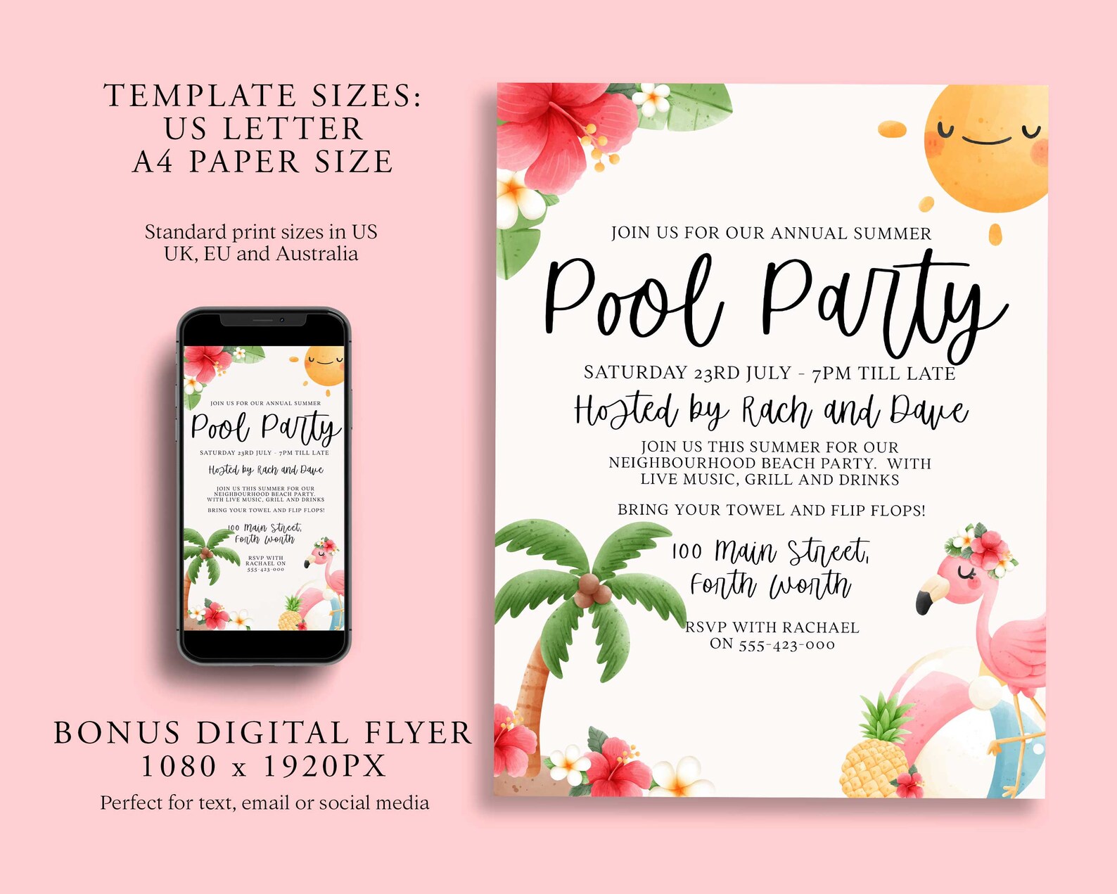 Editable SUMMER Pool Party Flyer Template, Diy Barbeque, Luau, BEACH ...