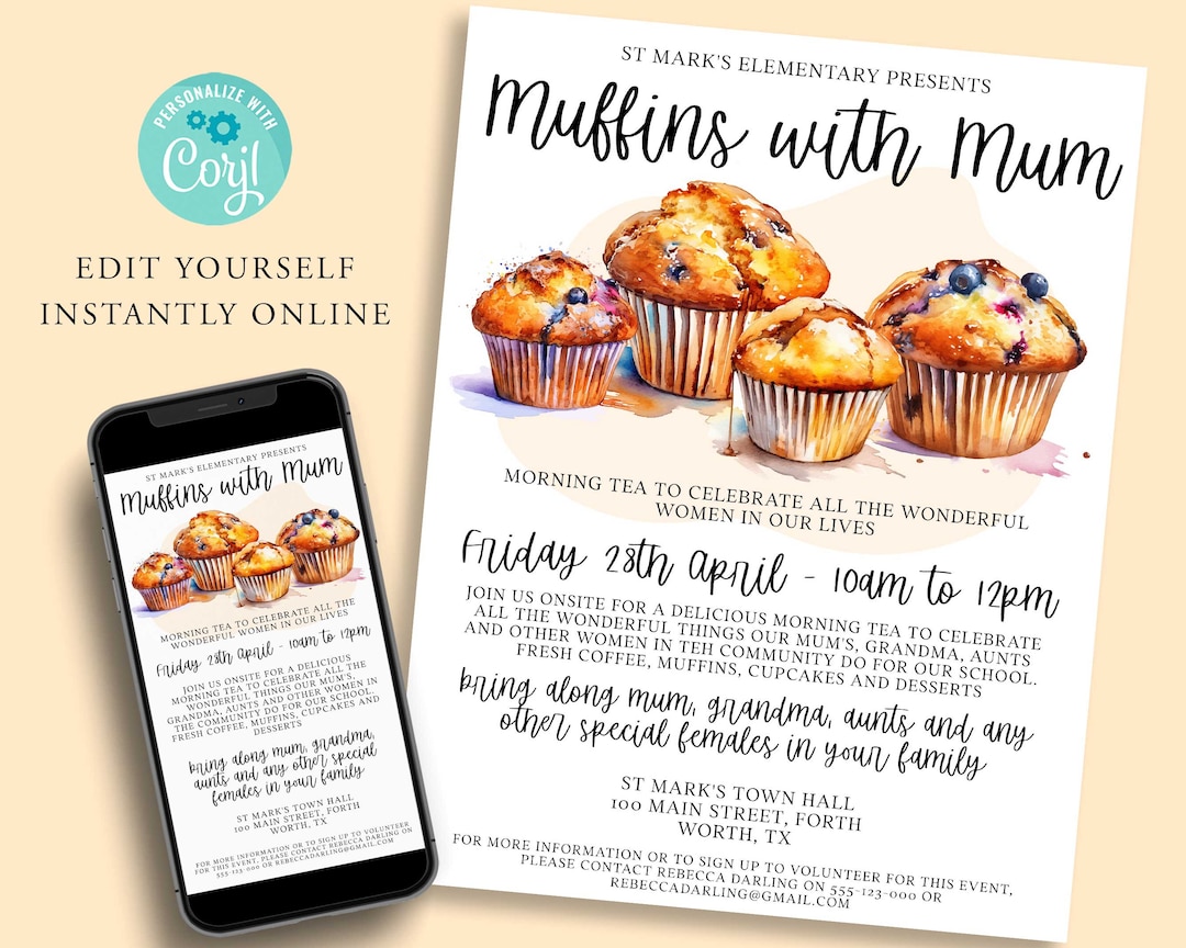 MOTHERS DAY Editable Flyer Template, Bake Sale, Fundraiser, Muffins ...