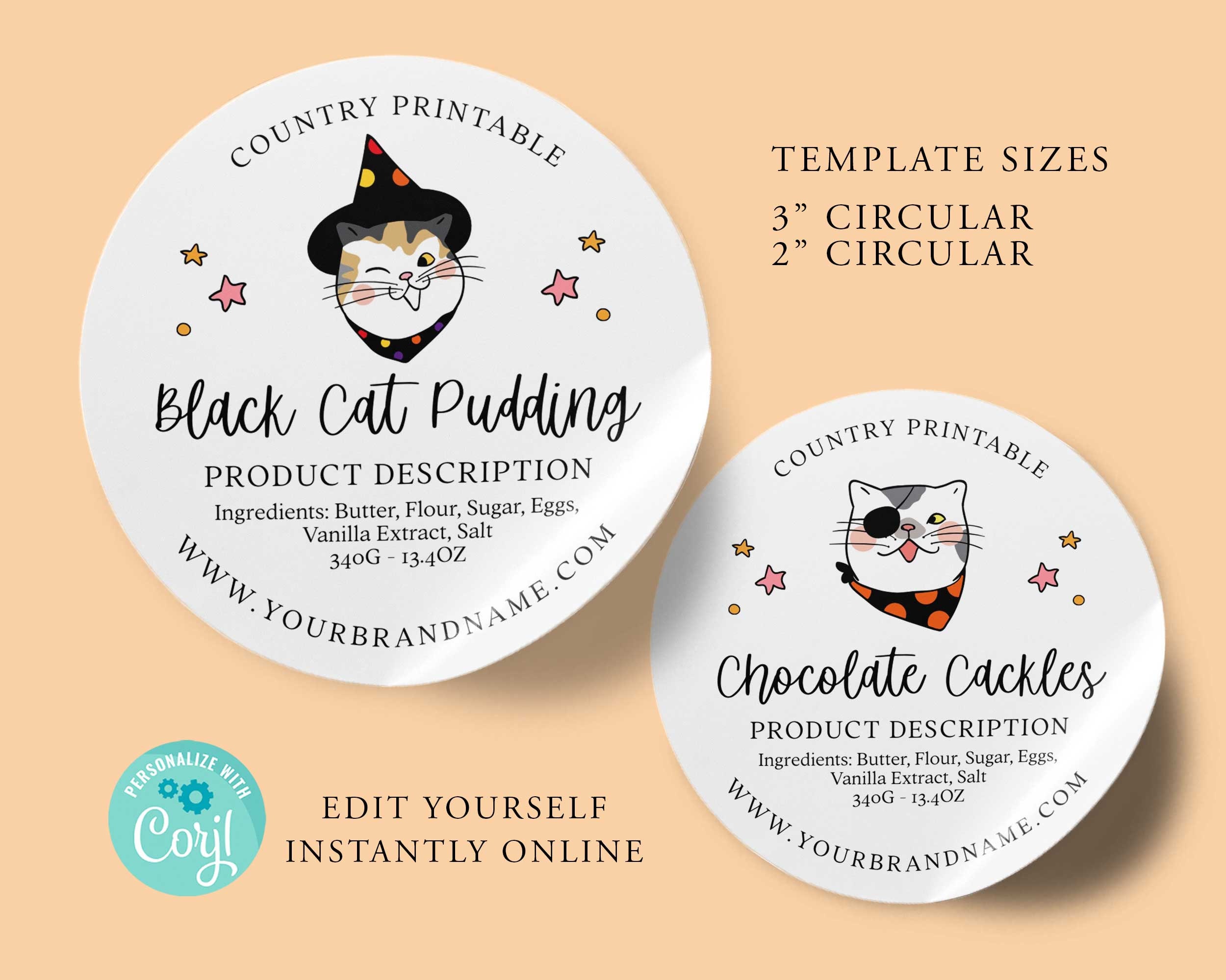 Editable HALLOWEEN Cat Labels, Round Kraft Label, Baking Label ...