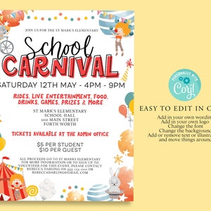 CARNIVAL Fundraiser Editable Flyer Template, PTO, School Community or ...