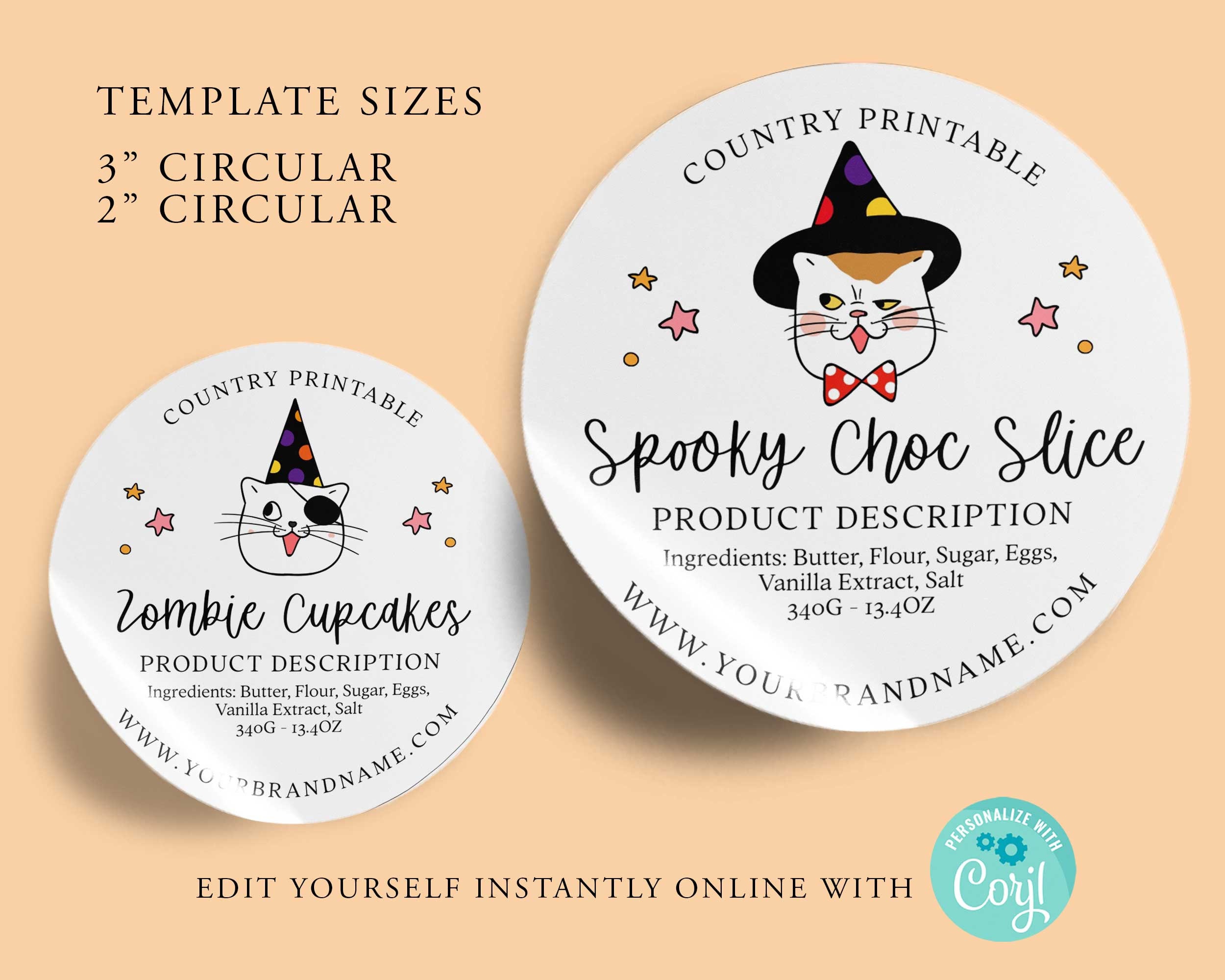 Editable HALLOWEEN Cat Labels, Round Kraft Label, Baking Label ...