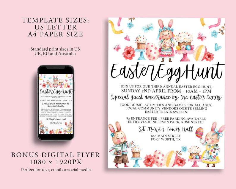 EGG HUNT Editable Flyer Template, EASTER Flyer, Diy Flyer, Easter Bunny ...
