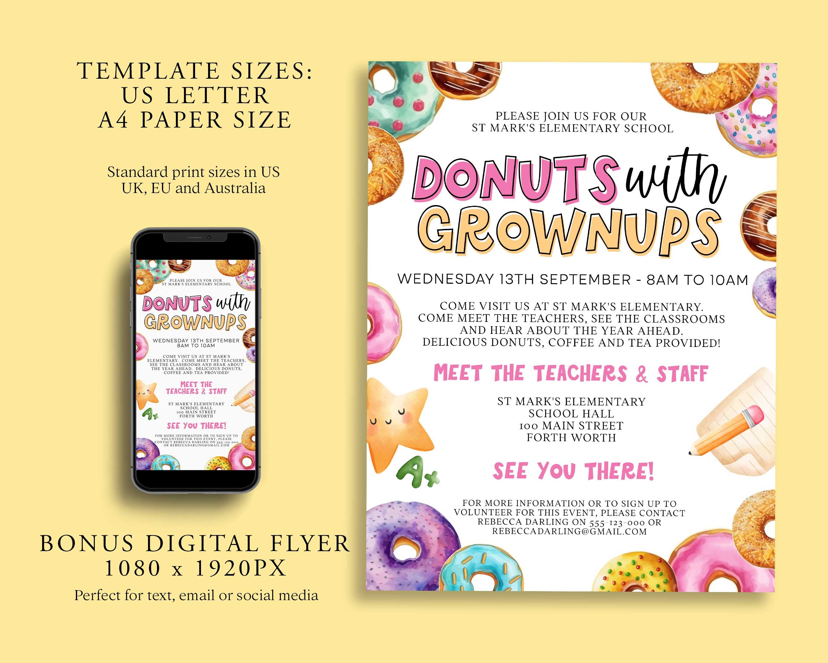 DONUTS With Grownups, Flyer, Printable PTA Flyer, School Breakfast ...