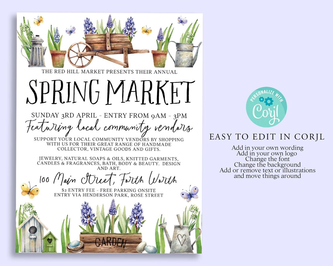 Editable SPRING MARKET Flyer Template, DIY Fundraiser, Community Fair ...