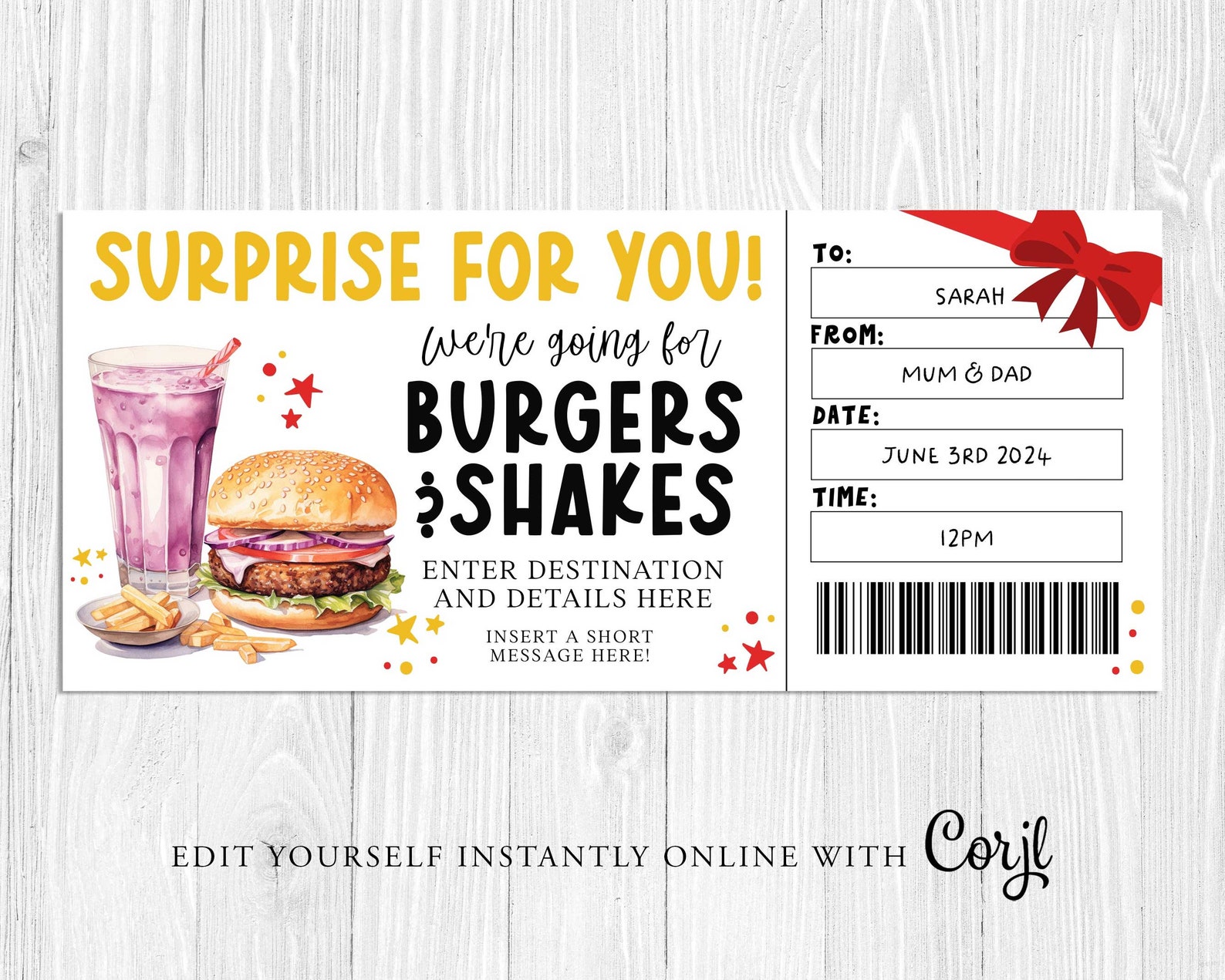Surprise BURGERS & SHAKES Editable Gift Ticket Template, Birthday Gift ...