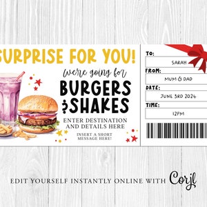 Surprise BURGERS & SHAKES Editable Gift Ticket Template, Birthday Gift ...