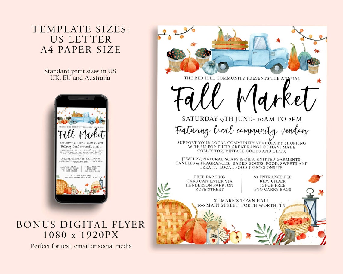 Editable FALL MARKET Flyer Template, DIY Market, Event Poster, Harvest ...